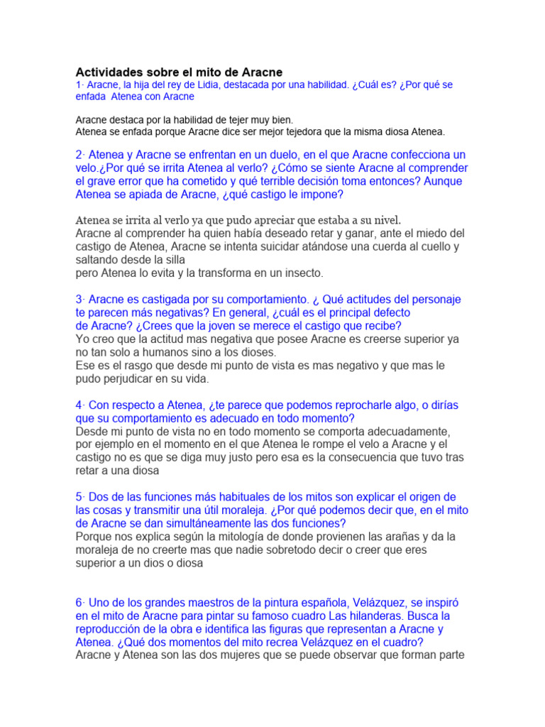 Actividades sobre el mito de Aracne | Descargar gratis PDF | Atenea