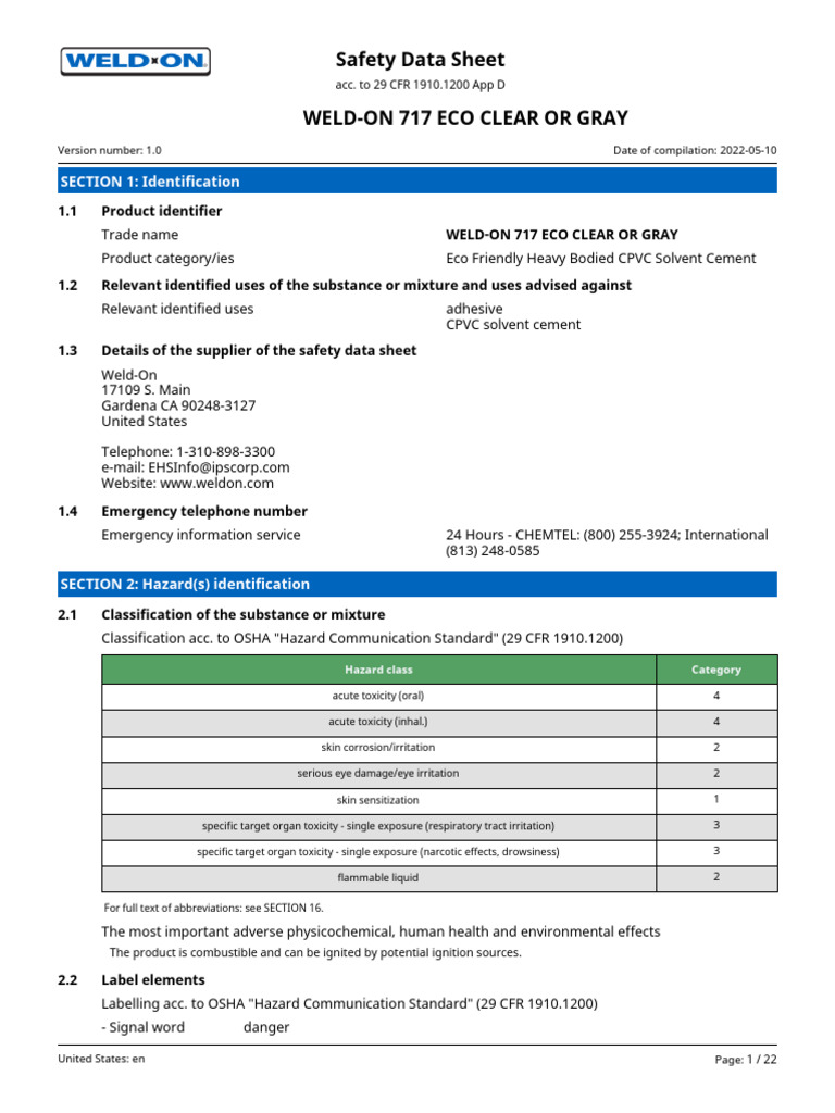 SDS WELD-ON 717 ECO CLEAR GRAY US en 1 0 | PDF | Toxicity ...