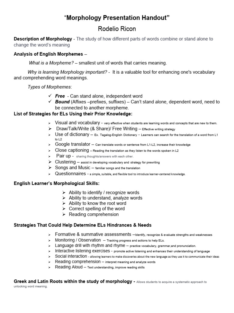Morphology Presentation Handout Final | PDF | Morphology (Linguistics) | Word