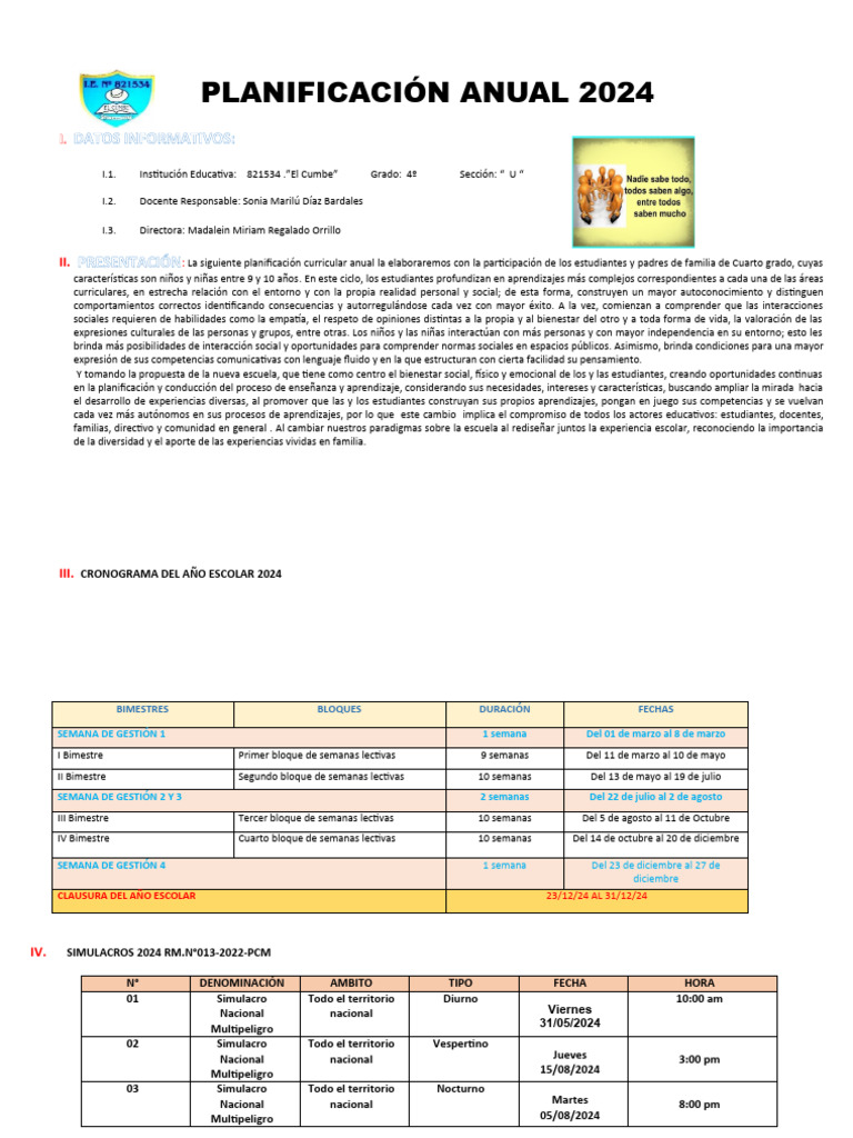 Planificación 4°grado 2024 | PDF | Multiplicación | División (Matemáticas)