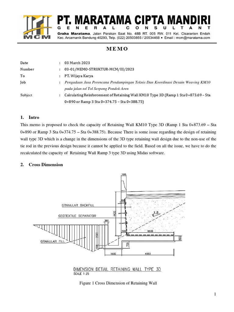 MEMO Calculation Reinforcement of Retaining Wall Ramp 3 KM10 Type 3D ...