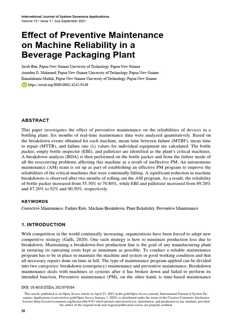Effect of Preventive Maintenance On Machine Reliability in A Beverage ...