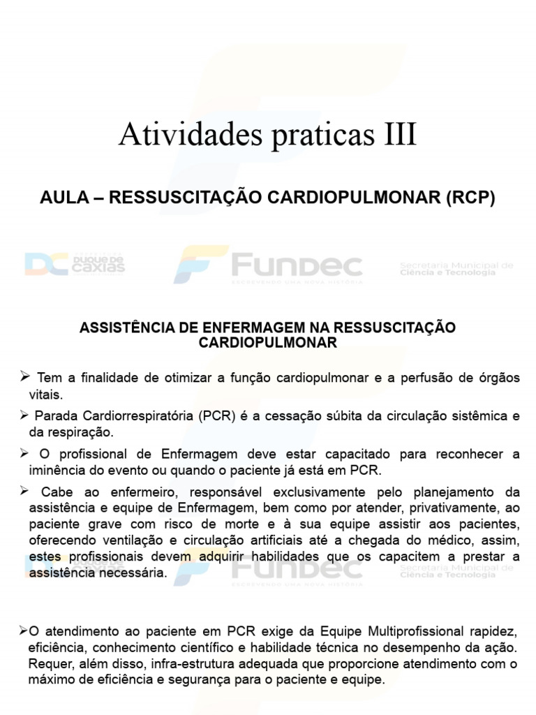 Atividades Praticas III - AULA - RCP | PDF | Reanimação cardiopulmonar ...