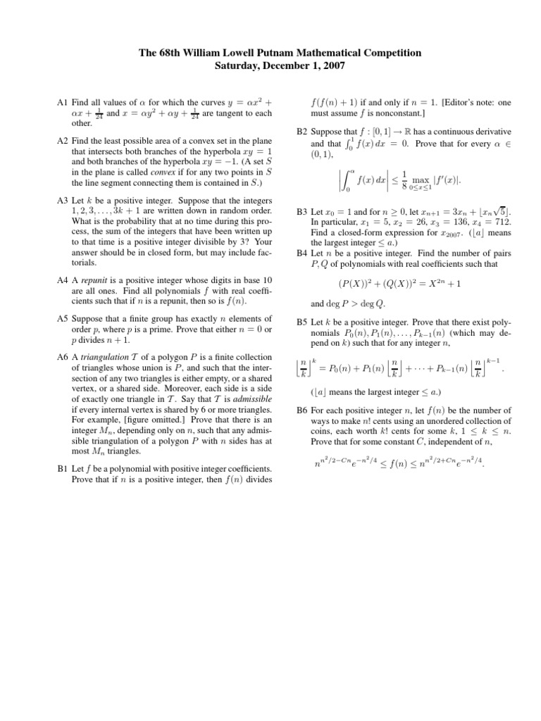 The 68th William Lowell Putnam Mathematical Competition Saturday ...