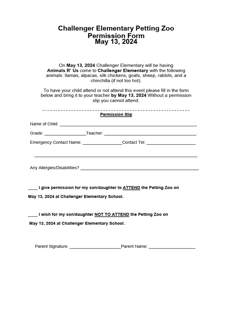 Petting Zoo Permission Slip May 13 | PDF