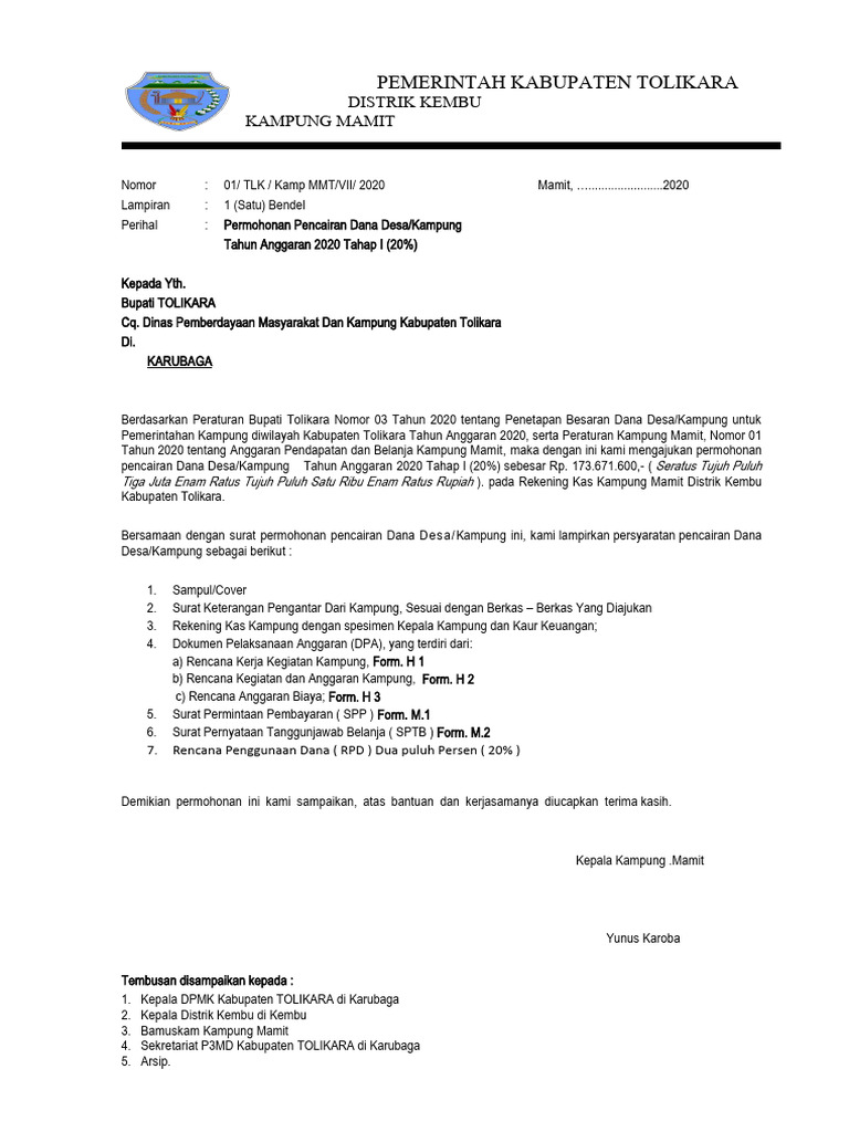 Pencairan Dana Desa Mamit 2020 | PDF