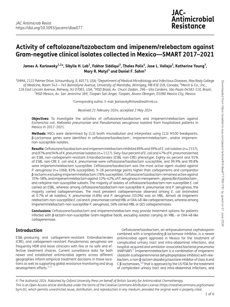 Activity of Ceftolozane-Tazobactam and Imipenem-Relebactam Against Gram ...