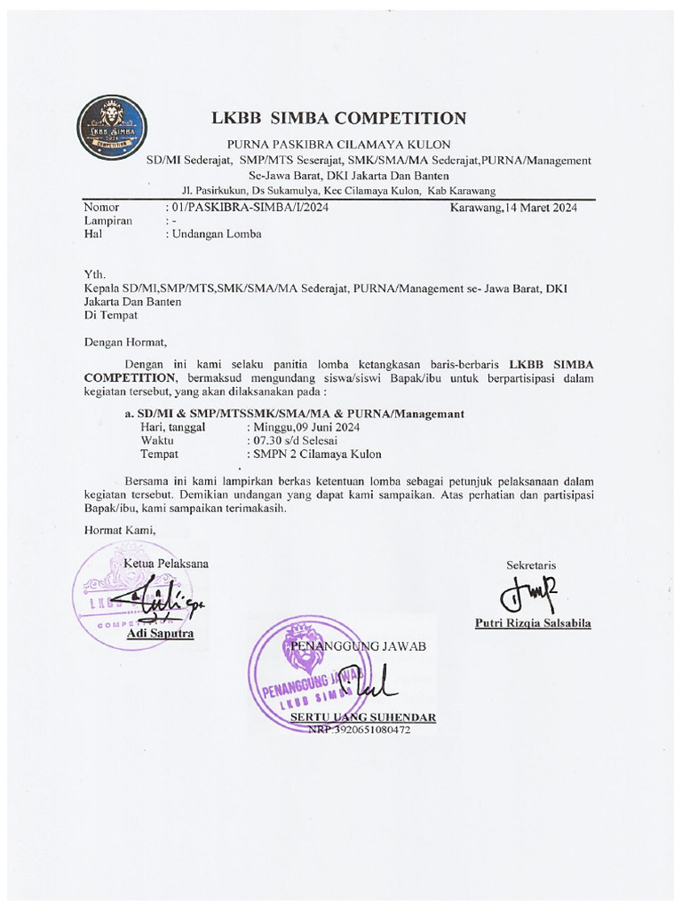 Surat Undangan LKBB Simba Competition 2024 | PDF