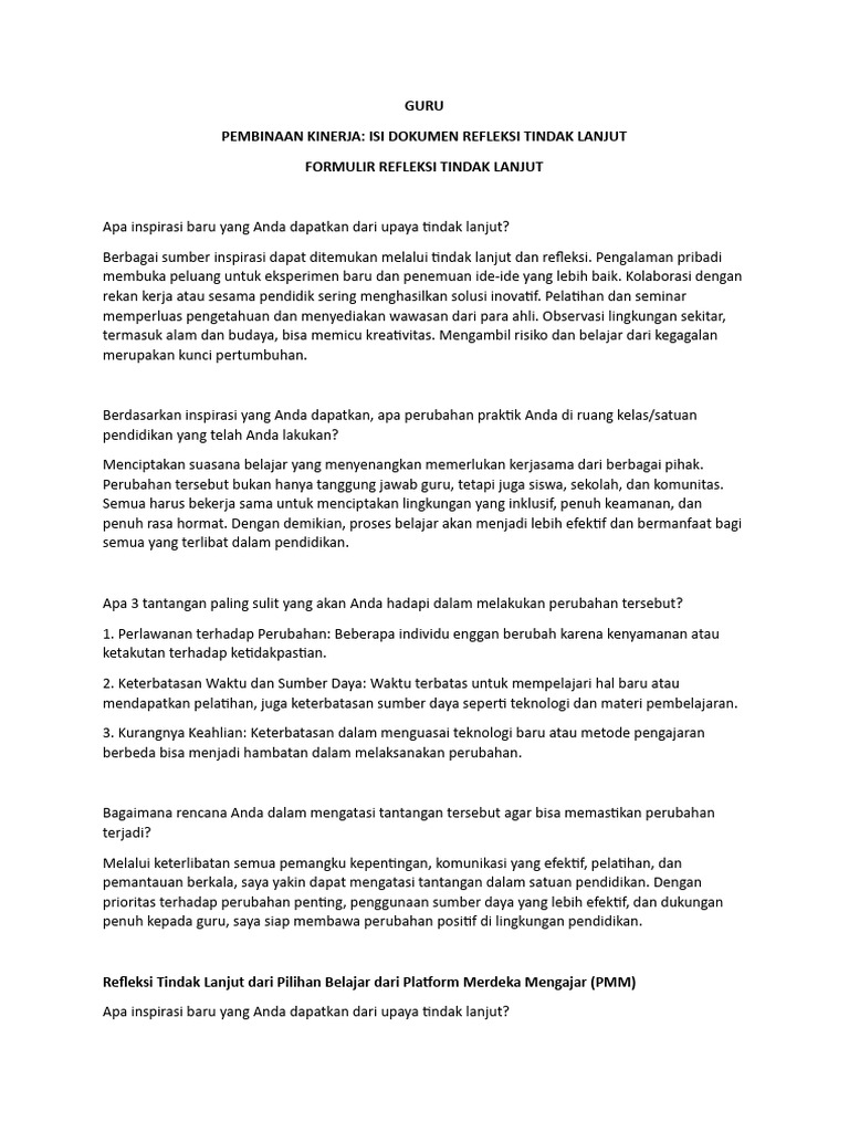 1. GURU - PEMBINAAN KINERJA - ISI DOKUMEN REFLEKSI TINDAK LANJUT (2) | PDF