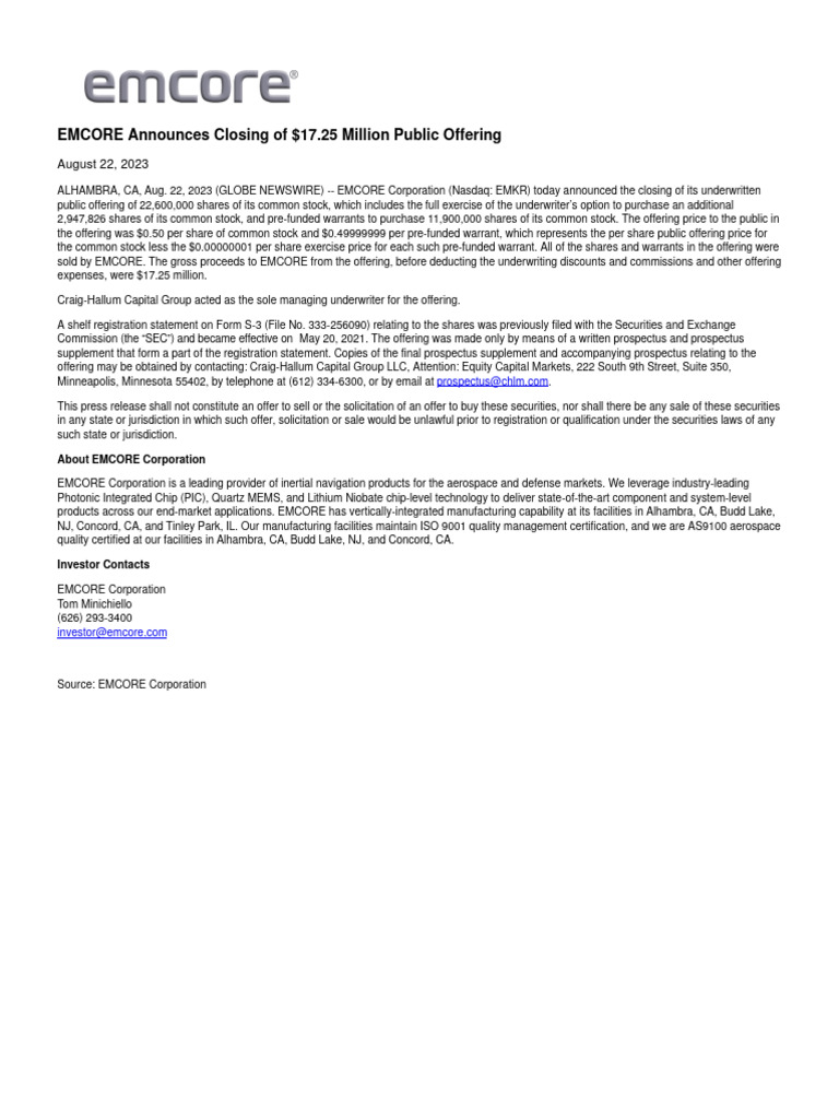 EMCORE Announces Closing of $17.25 Million Public Offering | PDF ...