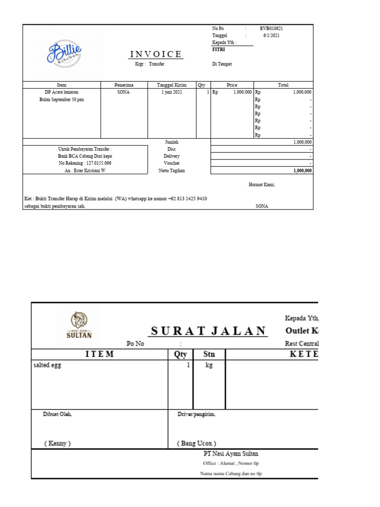 Contoh Invoice Billie Kitchen | PDF