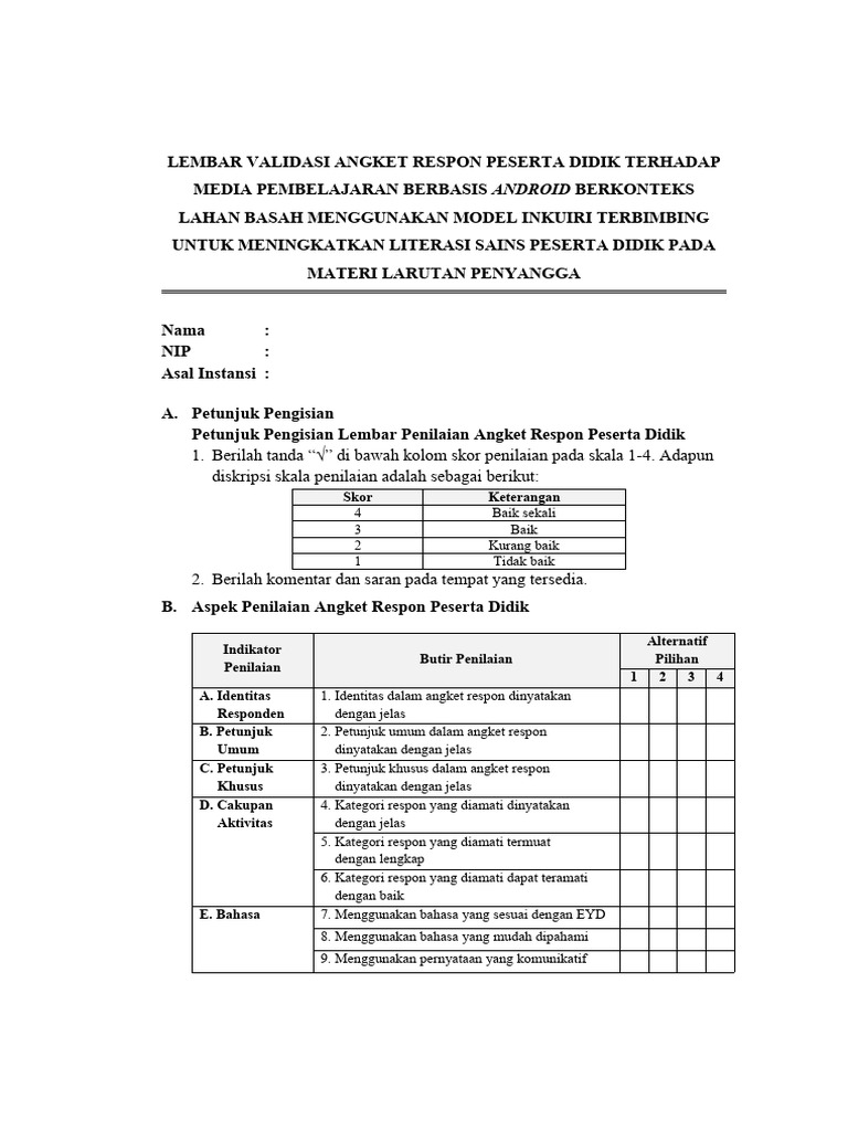 5.1 Lembar Validasi Angket Respon Peserta Didik | PDF | Karier & Perkembangan