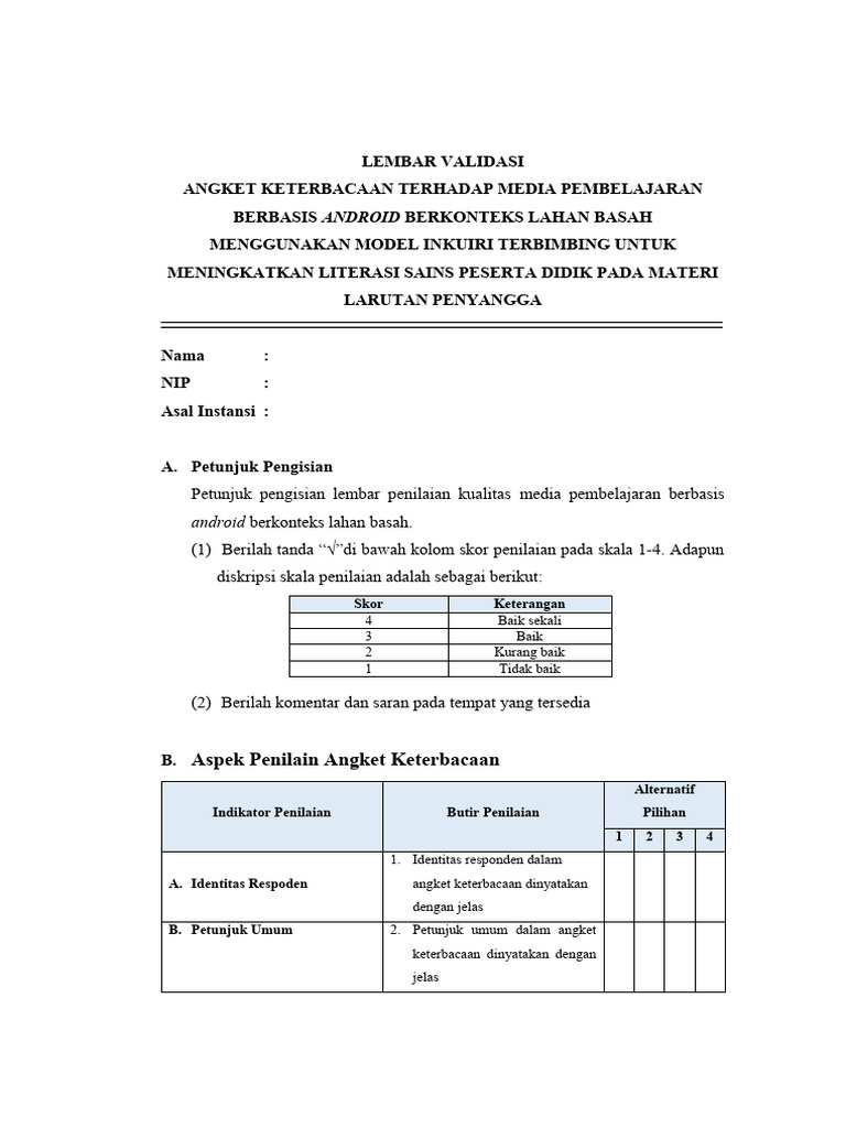 Lembar Validasi Angket Keterbacaan | PDF