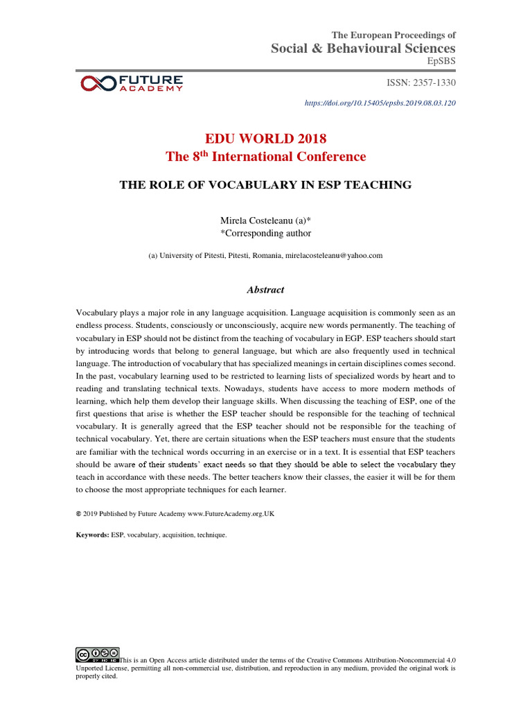 The Role of Vocabulary in Esp Teaching | PDF | Vocabulary | Language ...