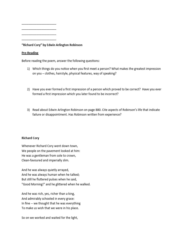 Richard Cory Poem Worksheet | PDF | Stereotypes