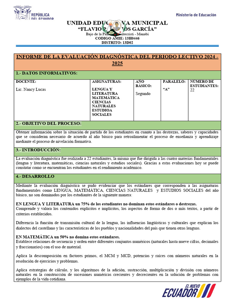 011 y 012 Formato de Informe de La Evaluacion Diagnostica 2024-2025 | PDF | Evaluación | Aprendizaje