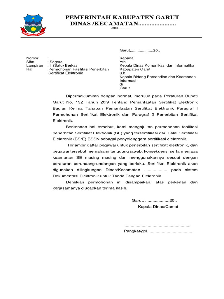 Contoh Format Surat Permohonan Tte Dinas Dan Kecamatan | PDF