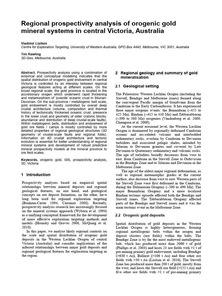 Regional Prospectivity Analysis of Orogenic Gold Mineral Systems in Central Victoria Australia ...