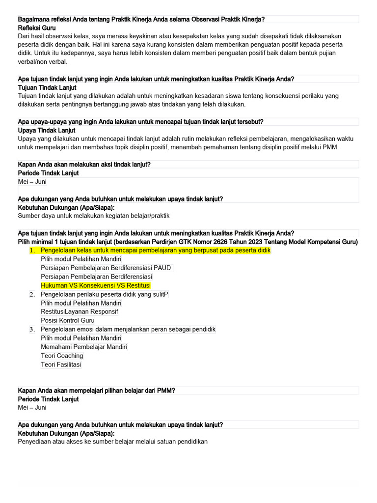 Contoh Jawaban Form Tindak Lanjut PMM Guru | PDF