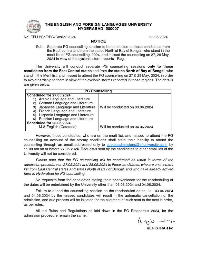 Notice-CoE - PG Counselling 2024 | PDF