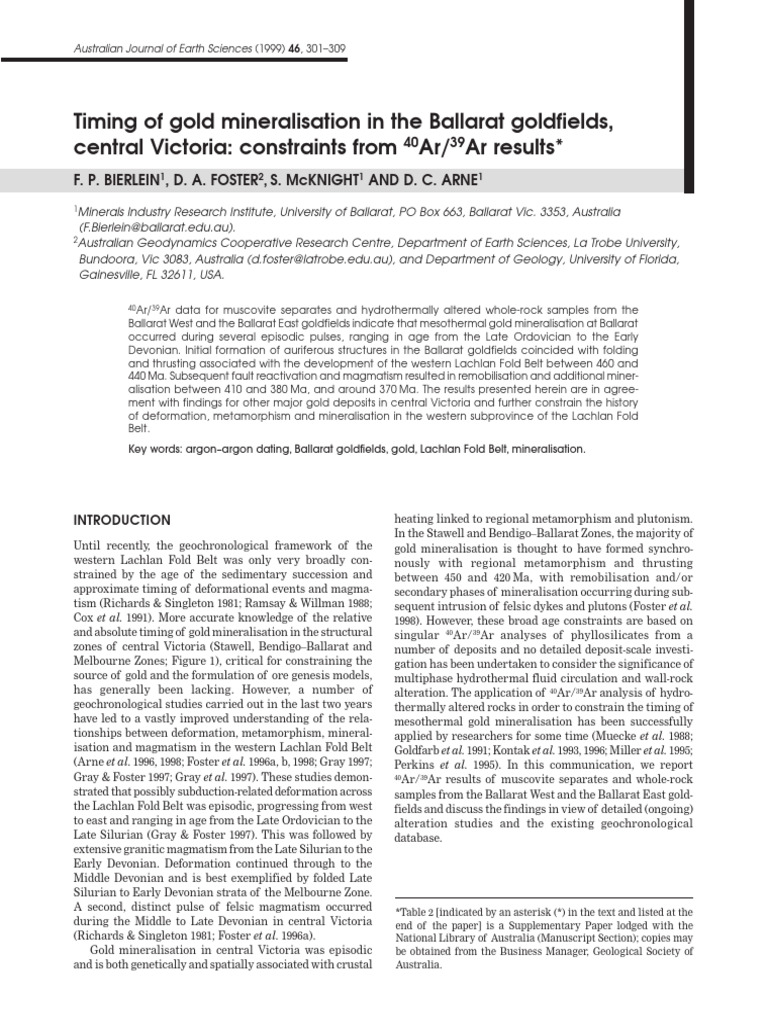 Timing of Gold Mineralisation in The Ballarat Goldfields Central ...