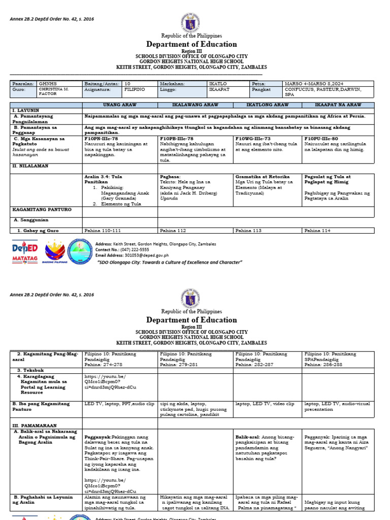 G10 - DLL Week 4 3rd QUARTER - IN FILIPINO 10 Feb. 26 Mar.012024 | PDF