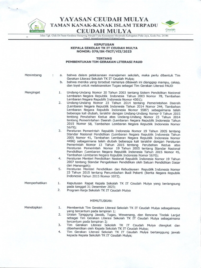 Suriani, s.pd. Sk Pembentukan Tim Gerakan Literasi Paud 2023_0001 | PDF