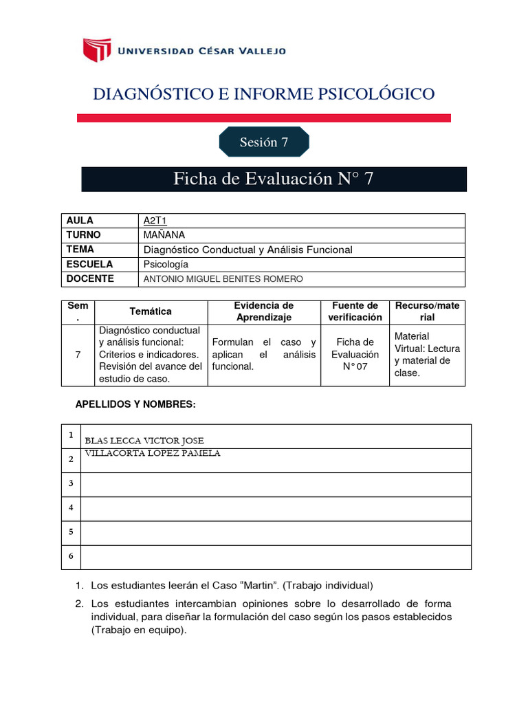 Ficha de Evaluación - Diag-Info - Sesión 7 - 2024-1 | PDF | Comportamiento | Sicología