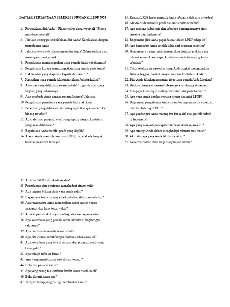 Daftar Pertanyaan Seleksi Substansi LPDP 2024 | PDF