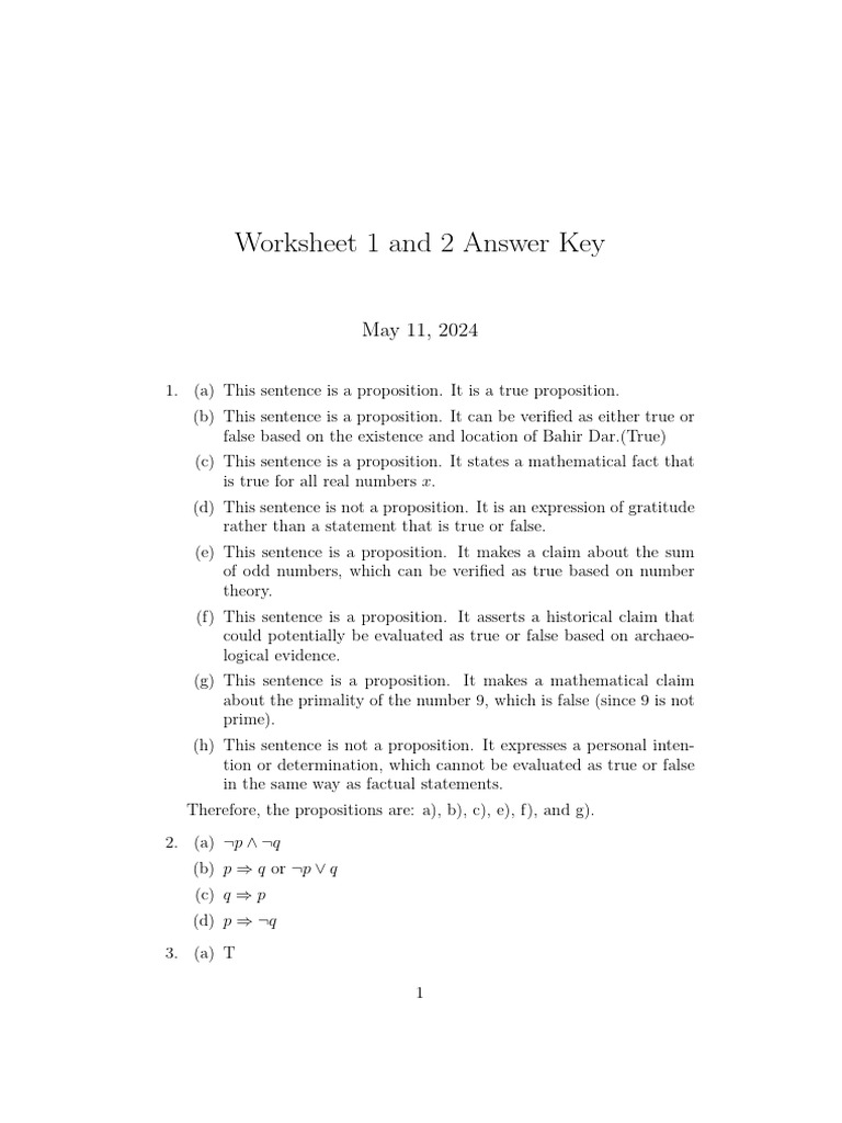 AnswerKey Worksheet 1 | PDF | Proposition | Epistemology