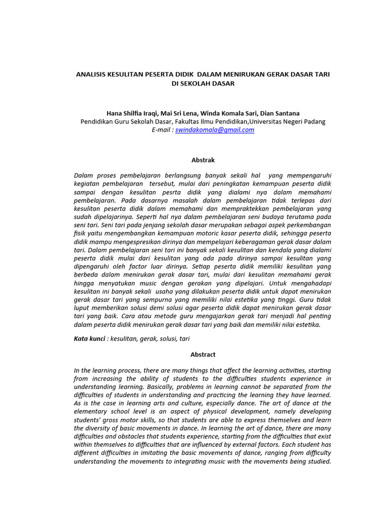 Analisis Kesulitan Peserta Didik Dalam Menirukan Gerak Dasar Tari di Sekolah Dasar | PDF