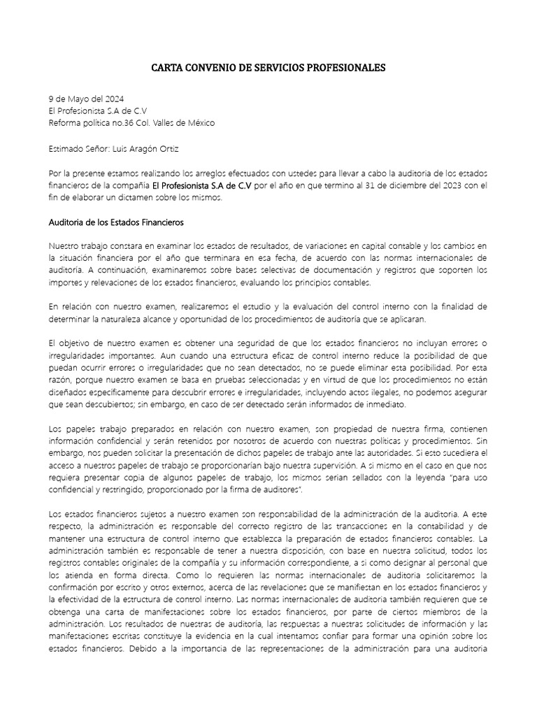 Carta Convenio de Servicios Profesionales | PDF | Auditoría | Estado financiero