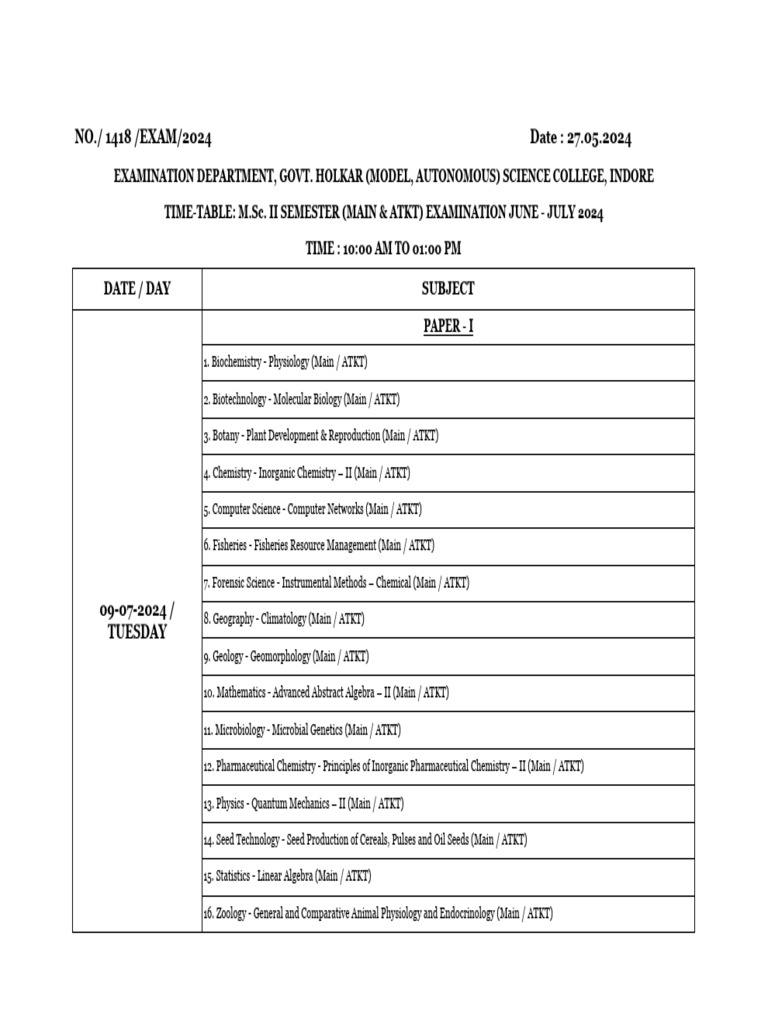 928704time Table M.sc. II Semester Main Atkt Examination June - July 2024 Main File | PDF ...