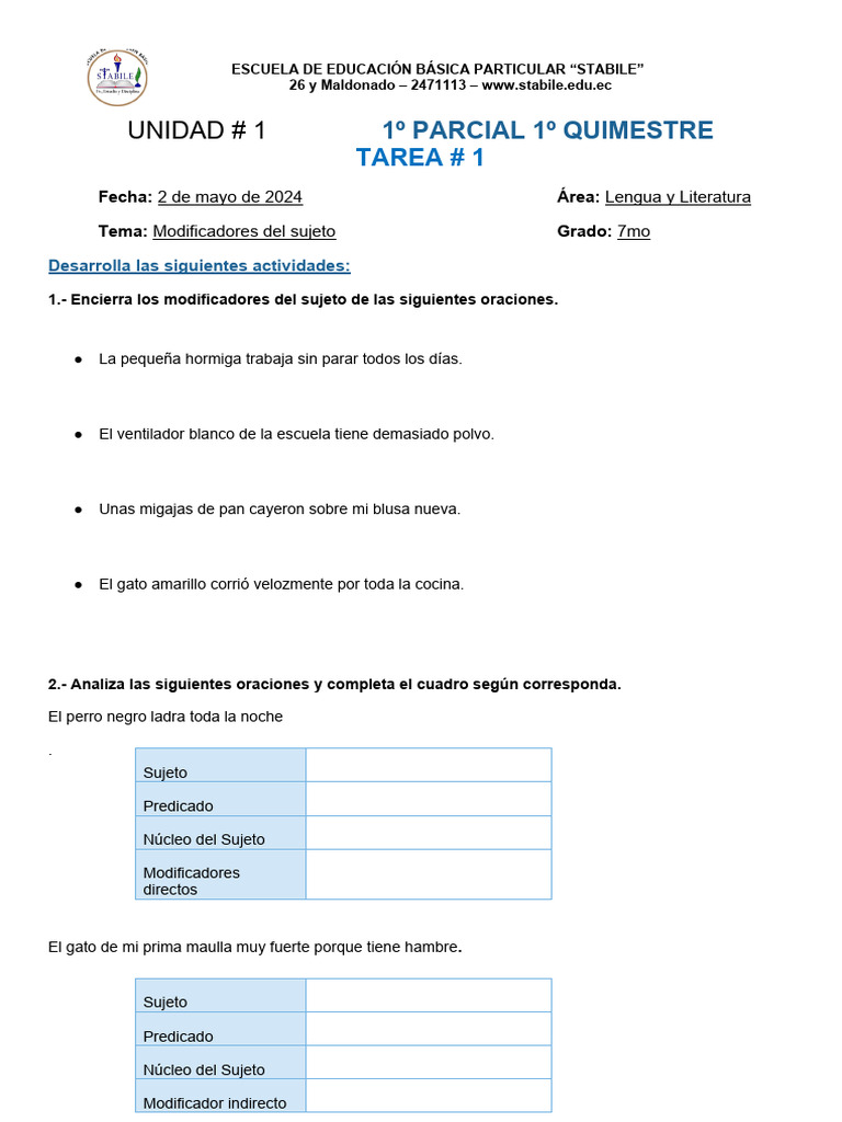 Tarea de Lengua para 7mo Grado | PDF | Asunto (gramática) | Predicado (Gramática)