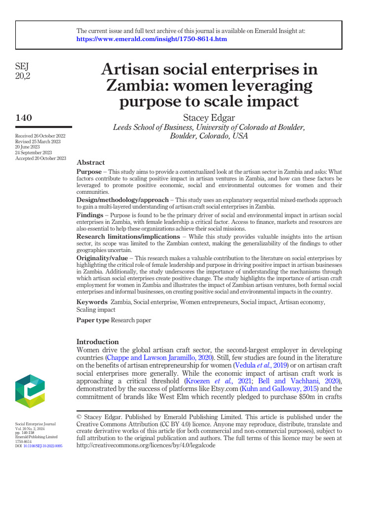 Artisan Social Enterprises in Zambia Women Leveraging Purpose To Scale Impactsocial Enterprise ...