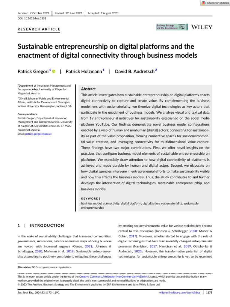 Bus Strat Env - 2023 - Gregori - Sustainable Entrepreneurship On Digital Platforms and The ...