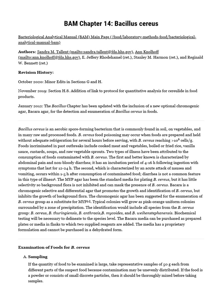 BAM Chapter 14_ Bacillus Cereus _ FDA | Download Free PDF | Growth ...