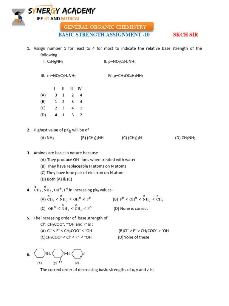 Basic Strength Assignment in Organic Chemistry | PDF | Amine | Physical ...