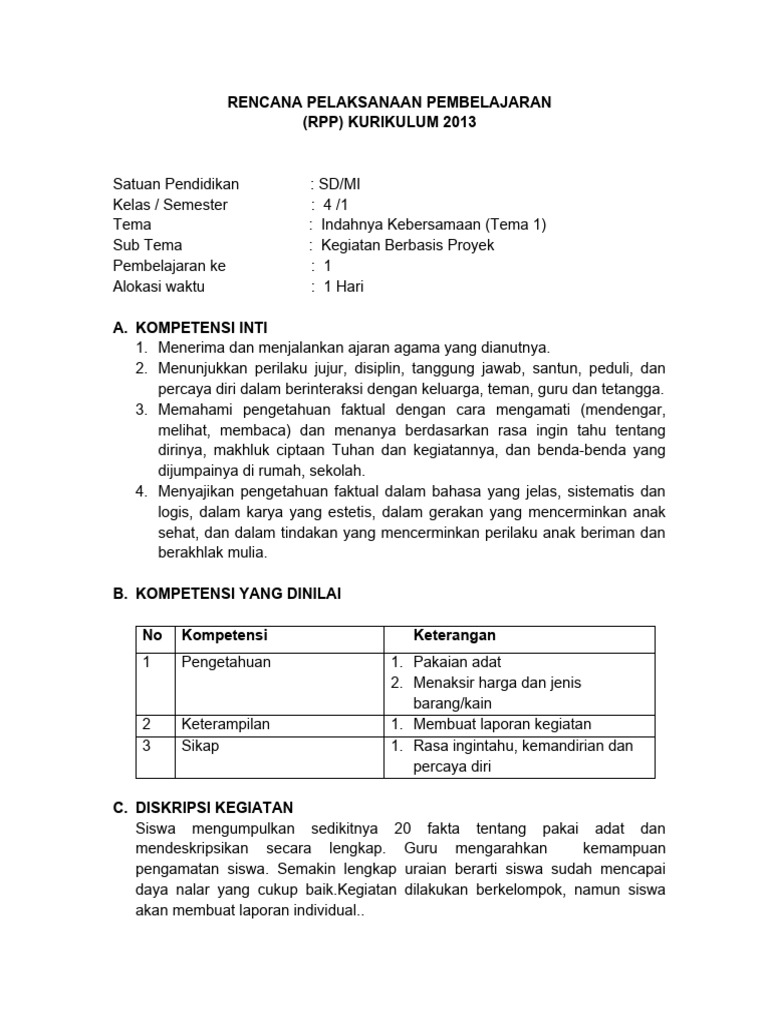 RPP Kelas 4 Tema 1 Sub Tema 1 Kegiatan Berbasis Projek | PDF