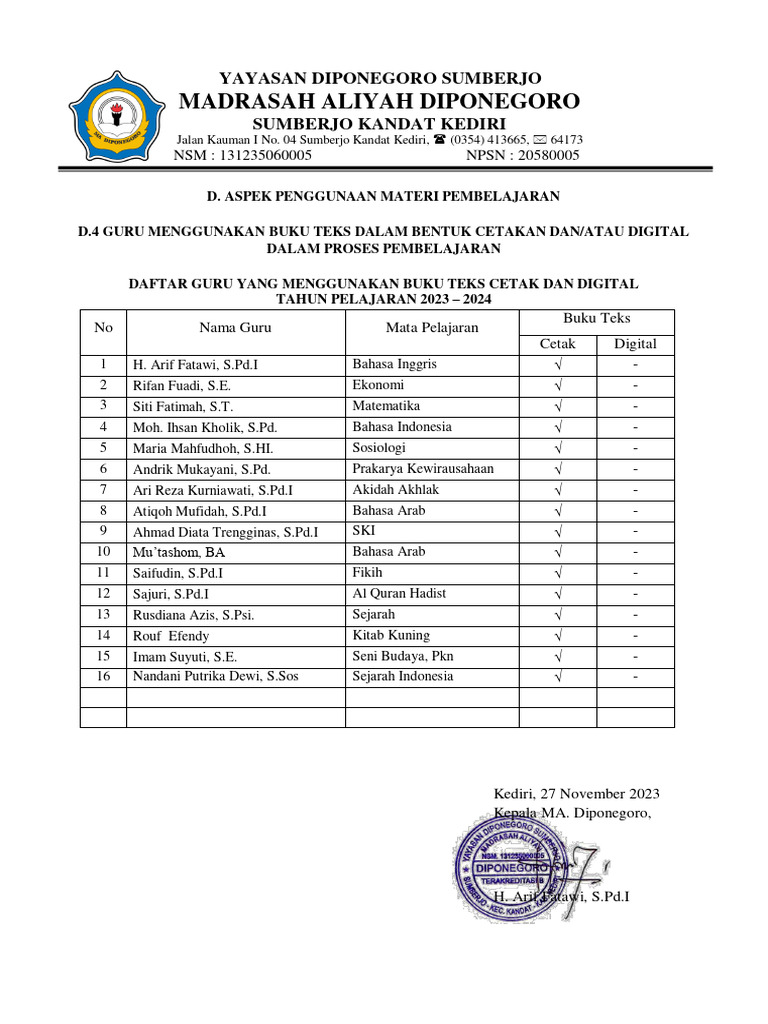 D4 Daftar Guru Dan Buku Yang Digunakan Fix | PDF