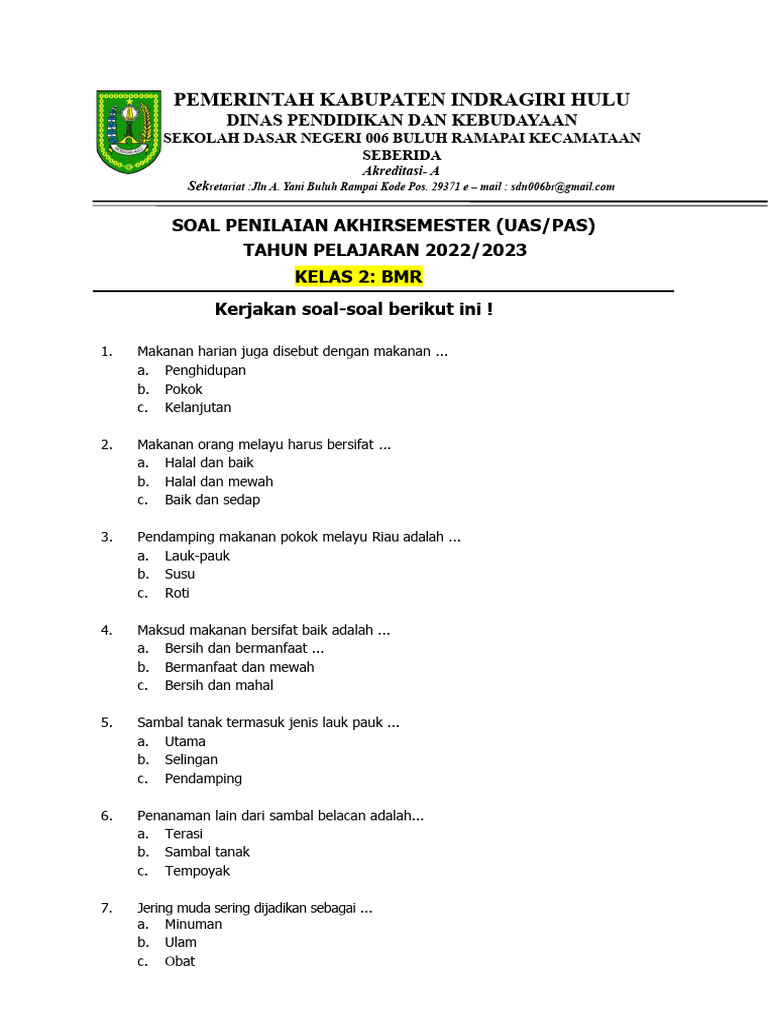 Soal Pas Kelas 2 BMR | PDF
