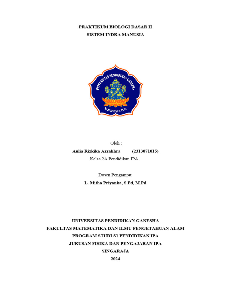 Laporan Praktikum Sistem Indra - Aulia Rizkika Azzahra | PDF