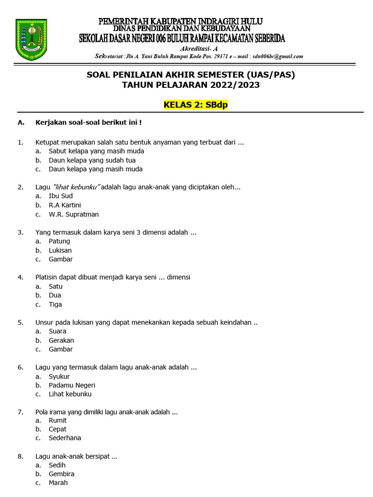 Soal UAS Kelas 2 SBdP 2022/2023 | PDF | Seni & Disiplin Bahasa