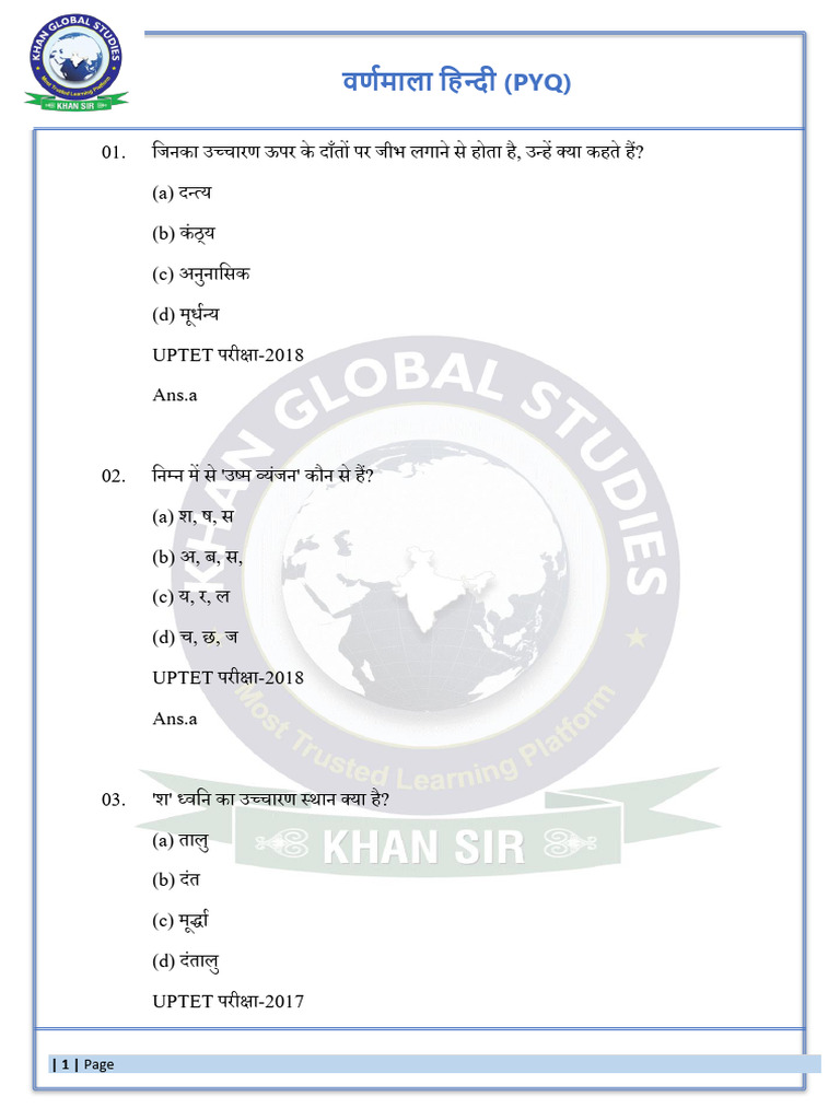 हिन्दी वर्णमाला PYQ Practice Set | PDF