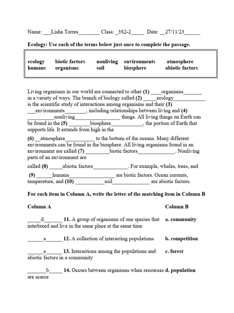 Ecology #1 Assignment | PDF | Science & Mathematics