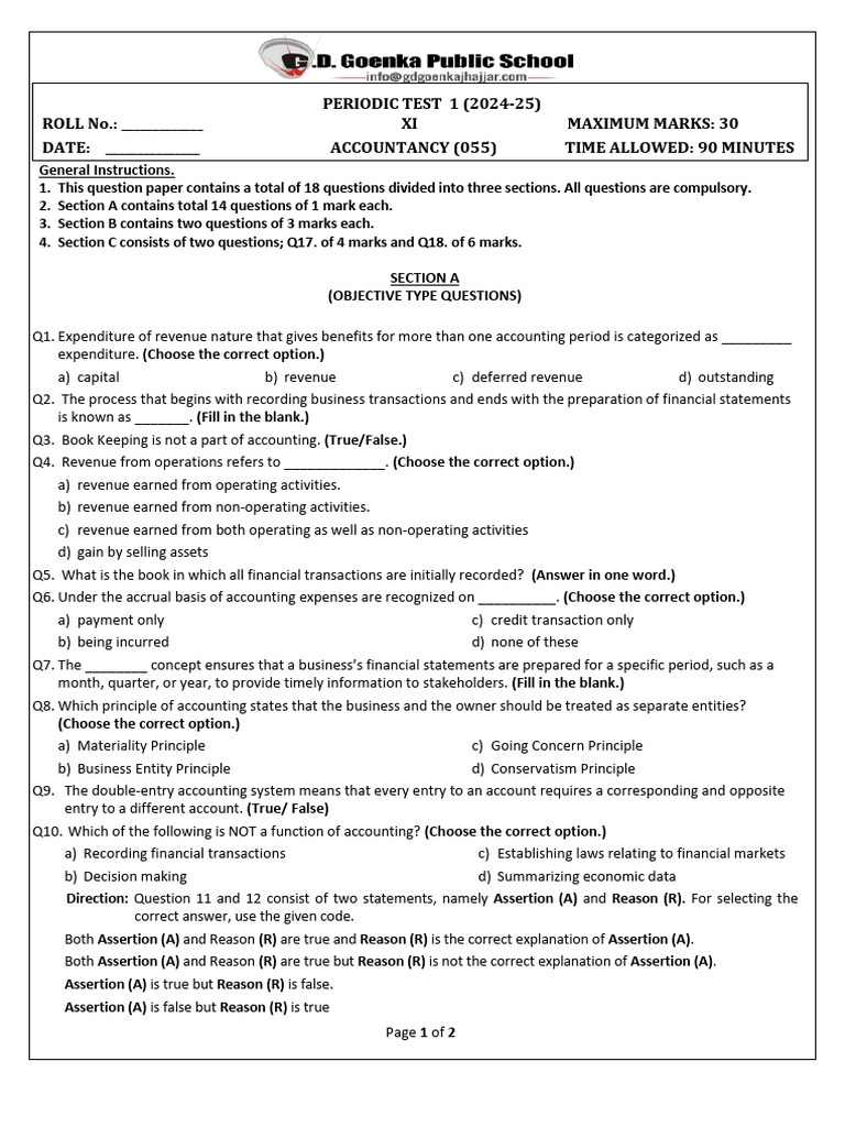 Periodic Test - 1 Xi Acc | PDF | Revenue | Expense