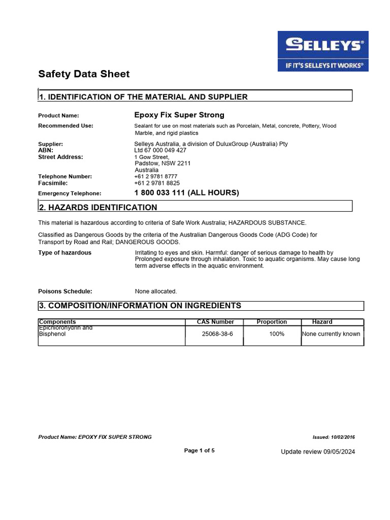 MSDS - SELLEYS | Download Free PDF | Water | Dangerous Goods