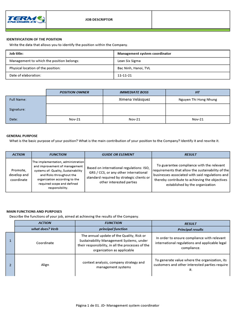 JD - Management System Coordinator | PDF | Audit | Regulatory Compliance
