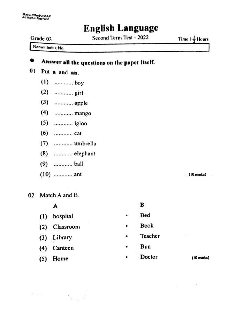English - Grade 3 - Second Term Test 2022 | PDF