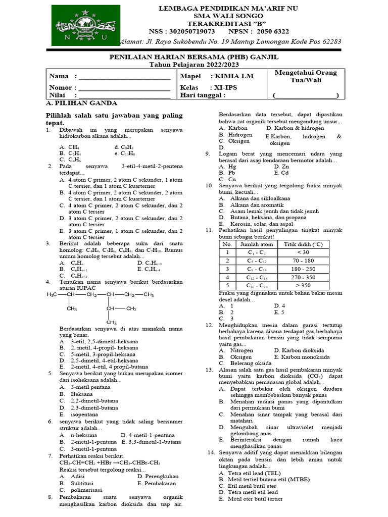 Soal PTS Ganjil Kelas Xi TP 2022-2023 | PDF
